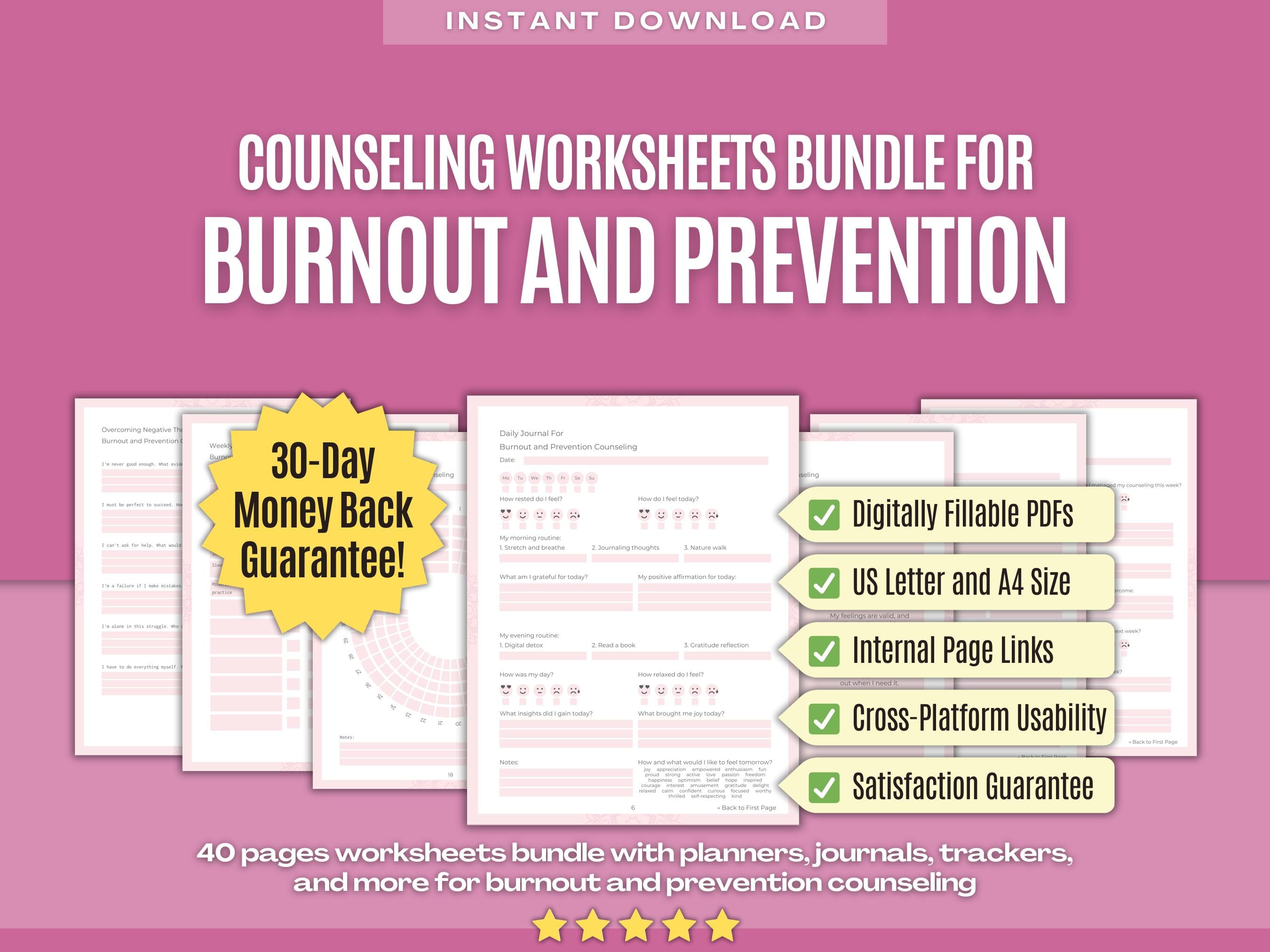Burnout and Prevention PDF Worksheets Bundle | Karlstein Publishing